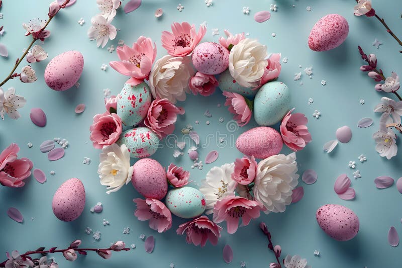 Creative Easter Layout Made of Colorful Painted Eggs and Flowers on ...