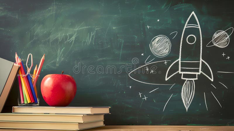 Creative Education Concept with Drawn Rocket on Blackboard, Stacked ...
