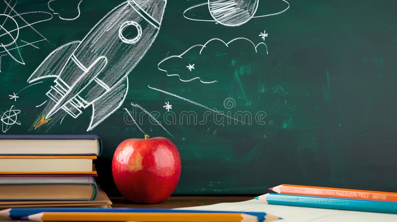 Creative Education Concept with a Rocket Drawing on a Blackboard, Books ...