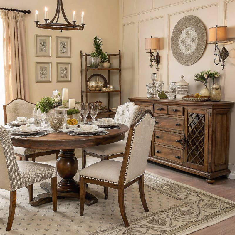 Elegant Dining Room with Table, Chairs, and Decorations Stock Illustration - Illustration of ...