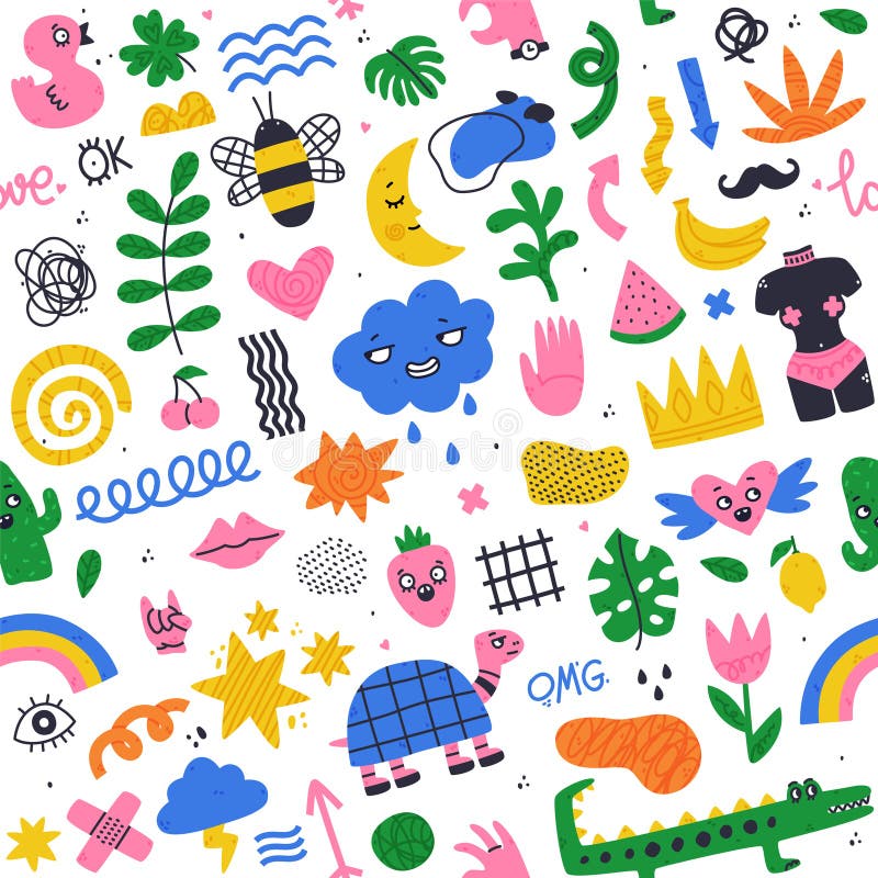 Creative Elements and Doodle Colorful Shapes and Forms Vector Seamless ...