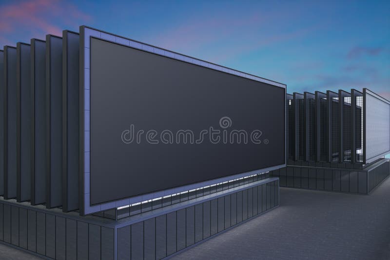Creative Empty Wide Black Billboard on Blue Sky Background. Commercial ...