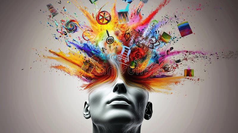 Creative Explosion of Colors and Objects Emerging from a Human Head ...