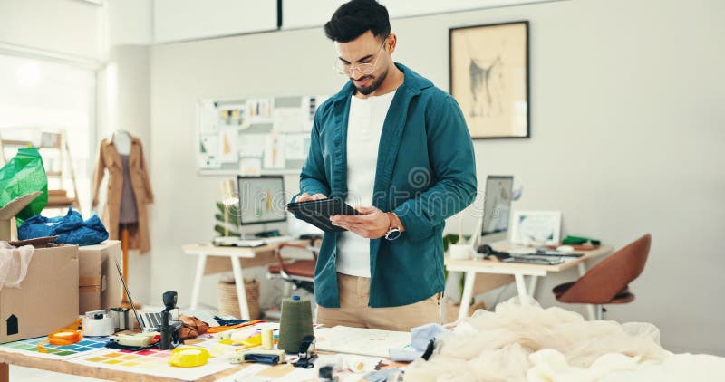 Creative, Fabric and Tablet with Fashion Designer Man in Textile ...