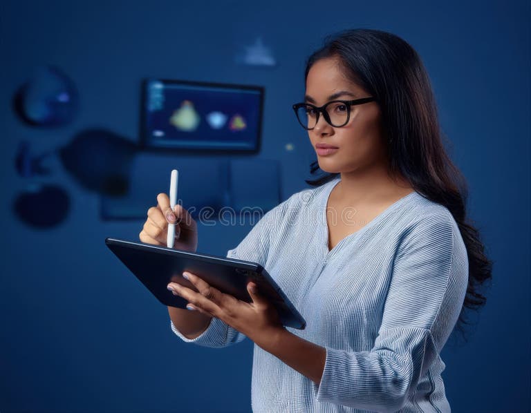 A Creative Female Game Developer with Glasses, Designing Game Characters on a Tablet with a ...