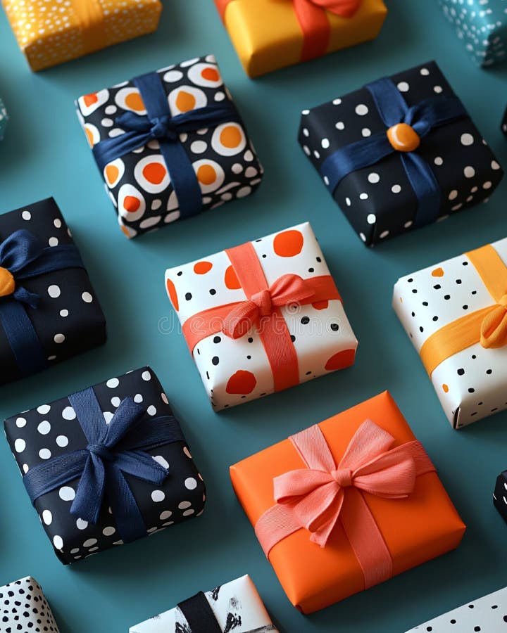 Creative Flat Design of Unique Patterned Gift Boxes Arranged on a Teal ...
