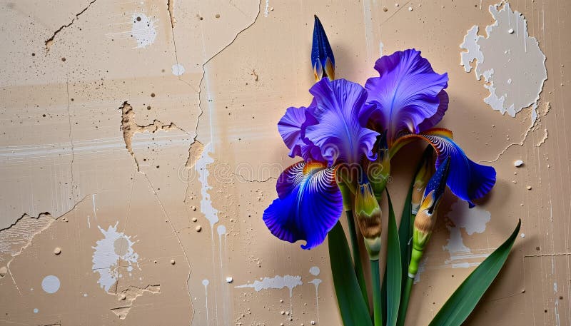 Creative Flat Lay of Bearded Iris on a Stucco Background, with Indigo ...