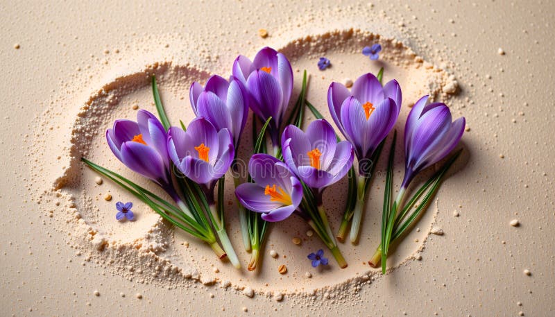 Creative Flat Lay of Crocus on a Sand Washed Background, with Lavender ...
