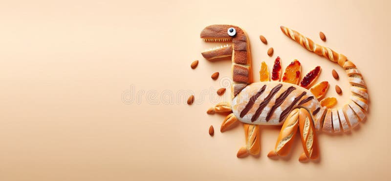 Creative Flat Lay of a Dinosaur Crafted from Different Bread Types on ...