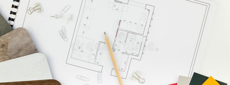 Creative Flat Lay Long Wide Banner Top View Blueprints Architectural ...