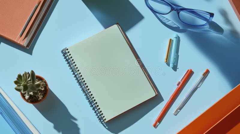 Creative Flat Lay of Notebooks Pens and Sketchbook on a Bright Blue ...