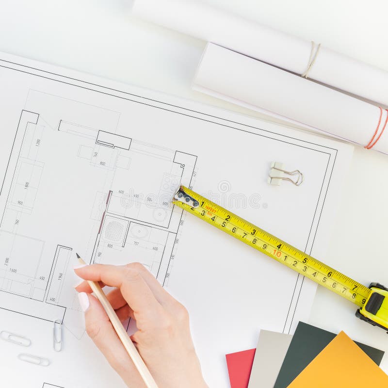 Creative Flat Lay Overhead Top View Blueprints Architectural Flat ...