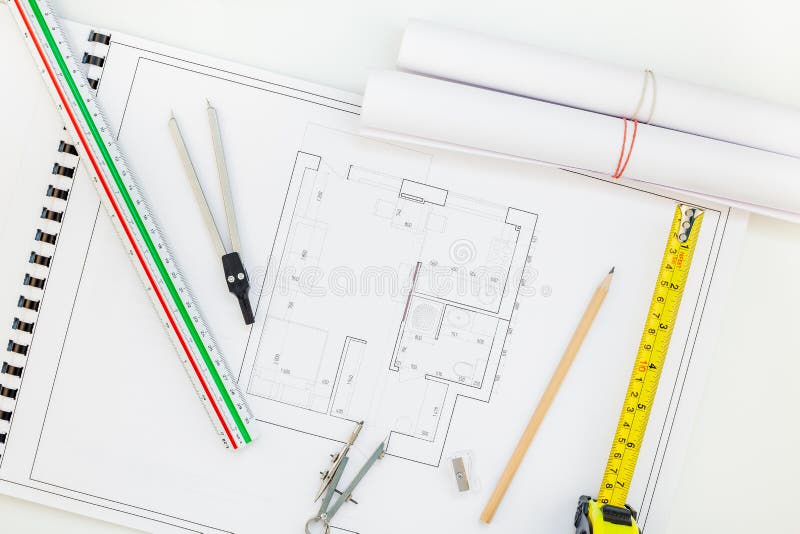 Interior Designer Table Workplace with House Plan Stock Image - Image ...