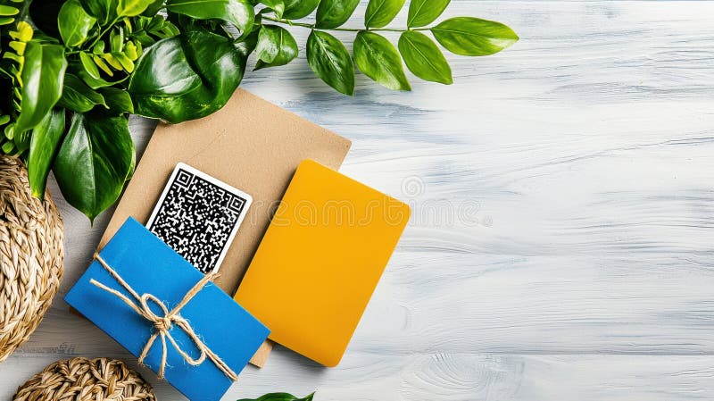 Creative Flat Lay with QR Code, Notebooks, Gift, and Green Leaves Stock ...