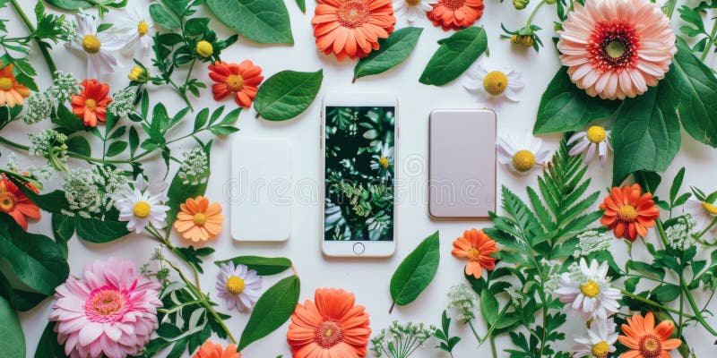 A Creative Flat Lay of Tech Gadgets Intertwined with Natural Elements ...