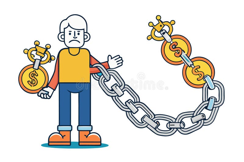 Creative Flat Vector Showing a Man Bound by Chains and Dollar Signs ...