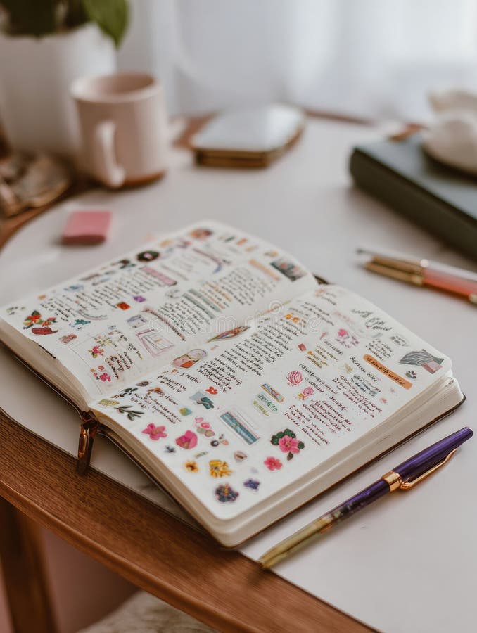 Creative Flatlay Featuring a Bullet Journal, Planner, Self-Improvement ...