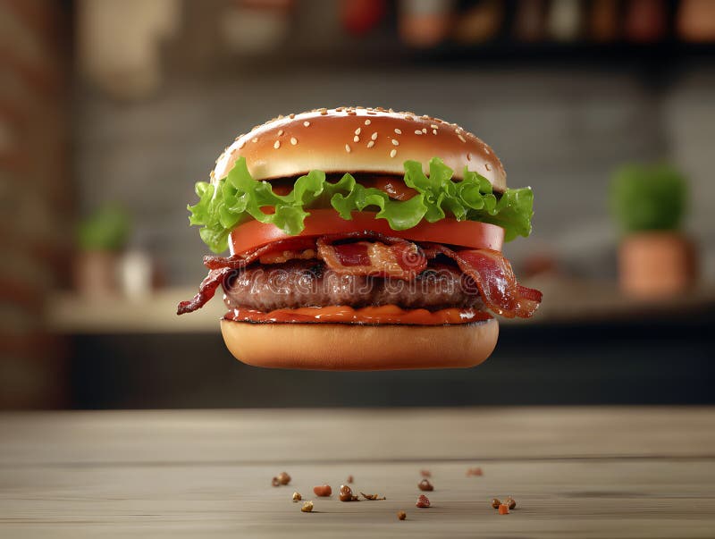 Creative Floating Burger Composition Stock Photo - Image of motion ...