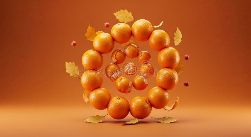 Creative Floating Oranges and Leaves on Dynamic Orange Background Stock ...
