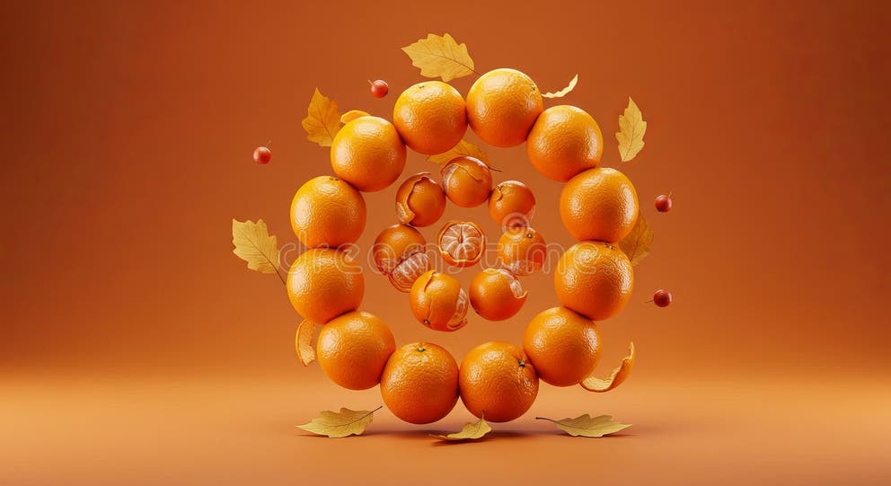 Creative Floating Oranges and Leaves on Dynamic Orange Background Stock ...