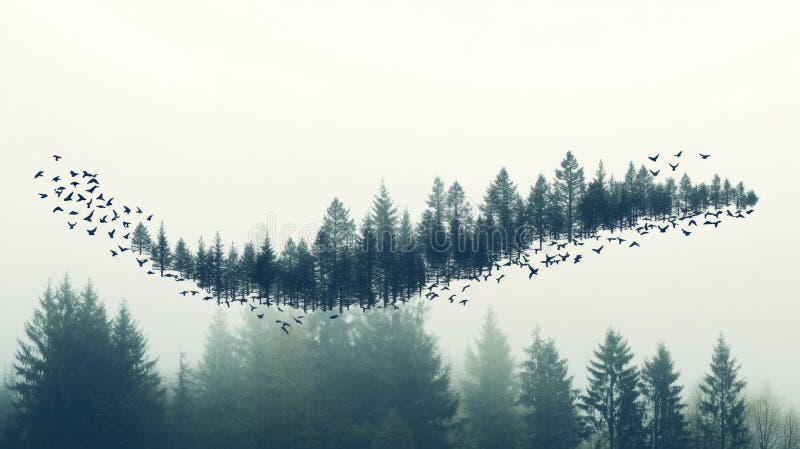 Creative Flock of Birds Transforming into a Ridge of Pine Trees in a ...