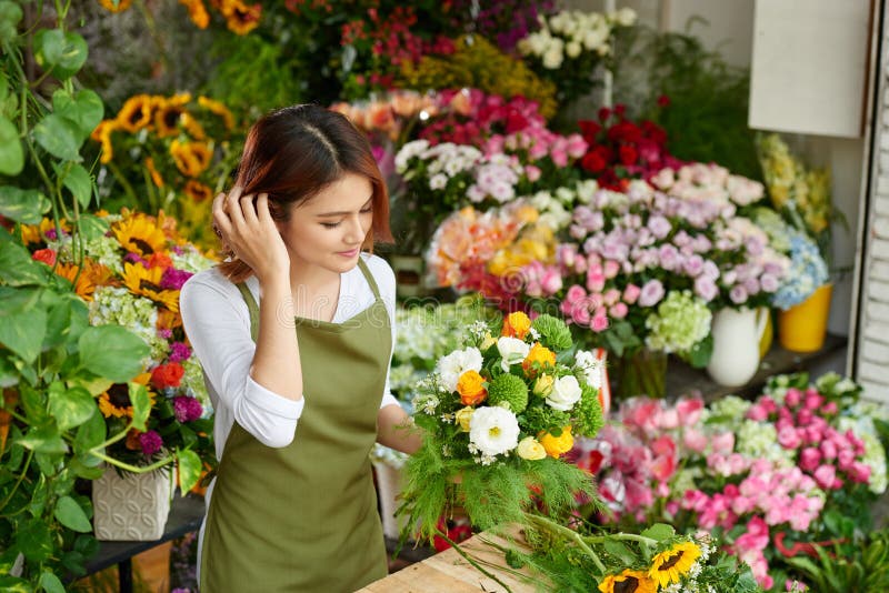 Creative florist stock photo. Image of arranging, bright - 129218578
