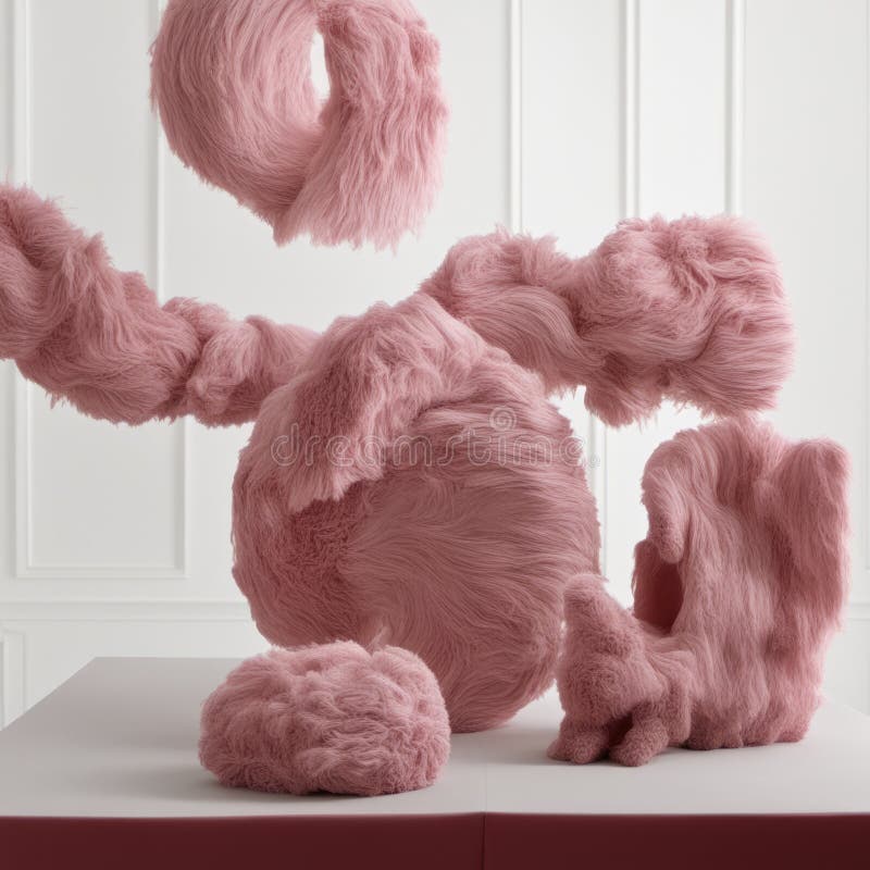 Creative Fluffy Hairy Pink Installation on White Wall. Realistic Art ...