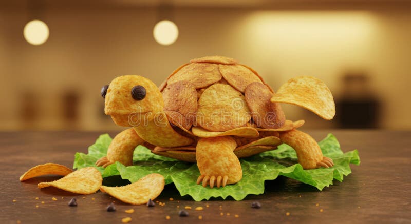 Creative Food Art: Adorable Turtle Crafted from Potato Chips on Leafy ...