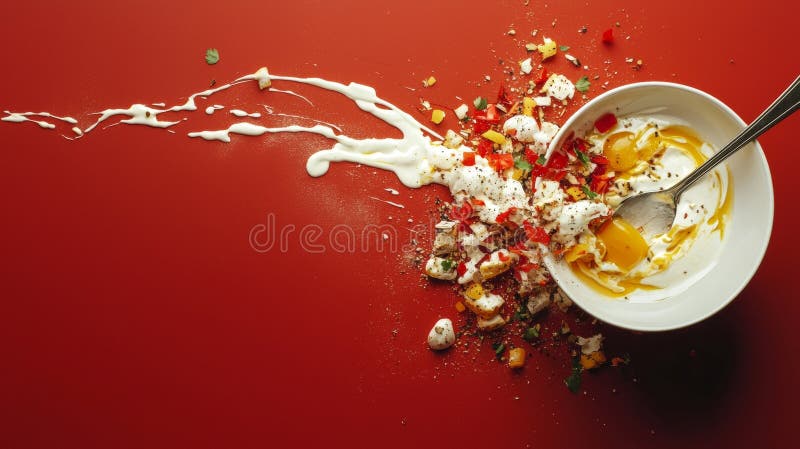 Creative Food Composition Spilled Ingredients Red Background Stock ...