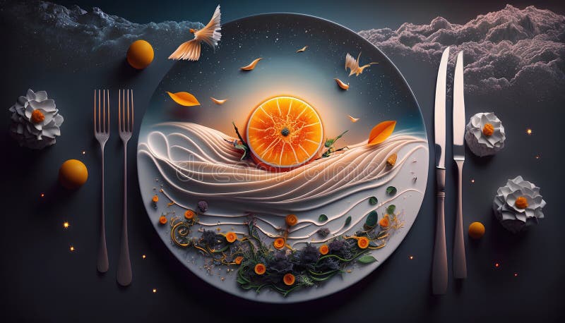 Creative Food Concept with Orange on Plate and Cutlery. 3D Rendering ...
