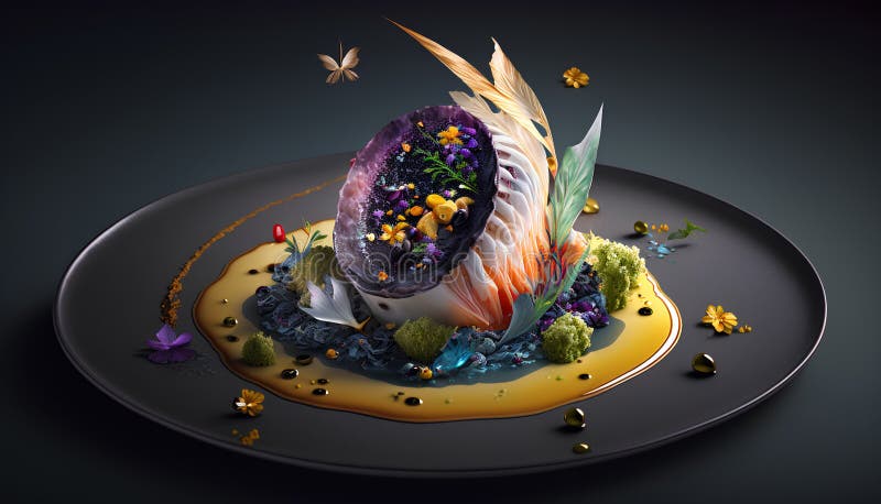 Creative Food Design with Fish and Vegetables on Black Plate. 3d ...
