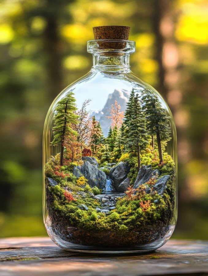 Creative Forest in a Bottle Showcasing Mini Mountain Scenery with Trees and a Waterfall in a ...