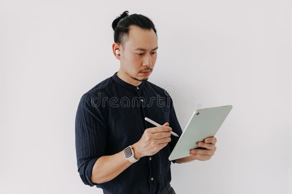 Creative Freelance Man with Earbuds Work with Tablet Isolate on White. Stock Photo - Image of ...