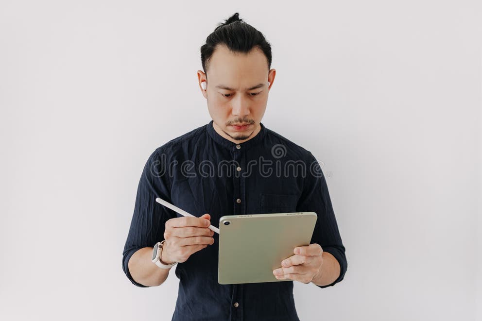 Creative Freelance Man with Earbuds Work with Tablet Isolate on White ...