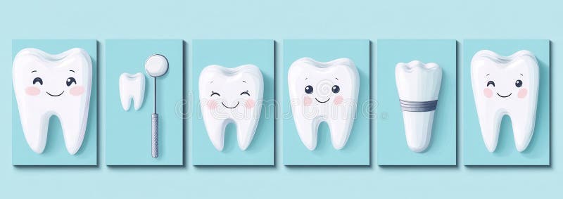 Set of Charming Dental Posters with Friendly Tooth Characters and ...