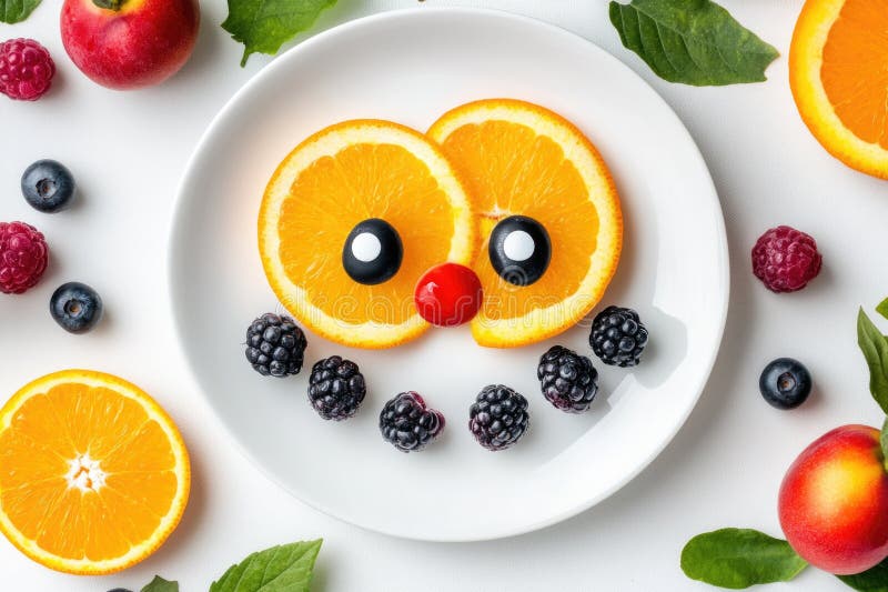 Creative Fruit Art: Smiling Face with Oranges and Berries on White ...
