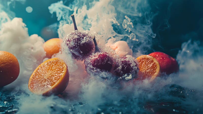 Creative Fruit and Berries Composition with Smoke Effect Stock Photo ...