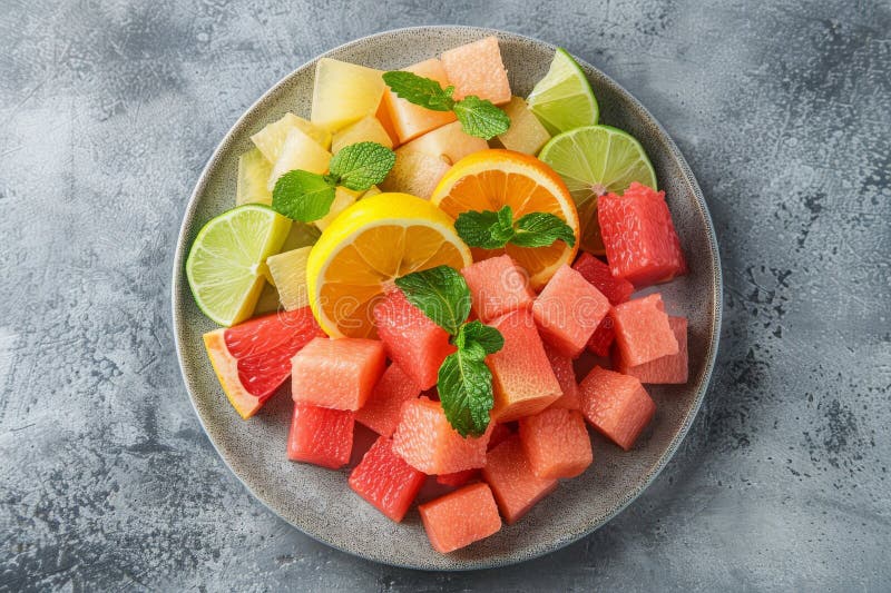 Creative Fruit Cubes Background, Diced Citrus Mix Mockup on Gray ...