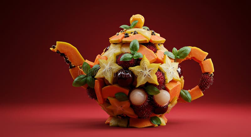Creative Fruit Sculpture Teapot on Red Background with Exotic Fruits ...