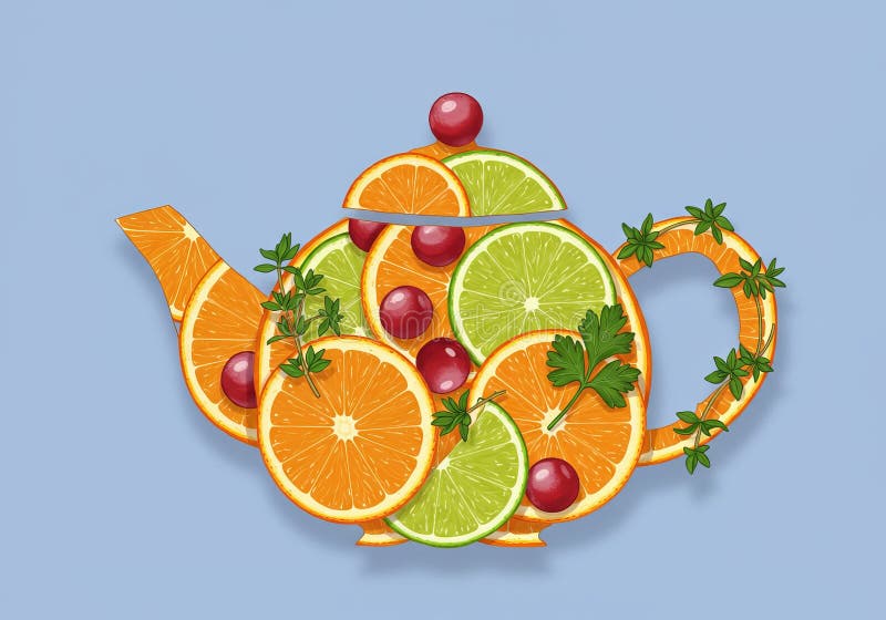Creative Fruit Teapot Design with Sliced Citrus and Grapes on Blue ...