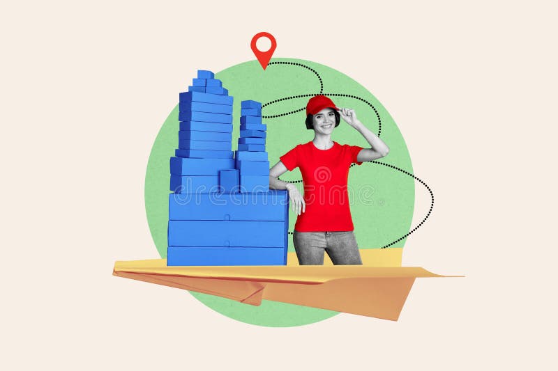 Creative Full Artwork Collage of Happy Delivery Girl Stand Paper Plane ...