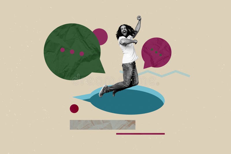 Creative Full Artwork Collage of Happy Guy Stand Bubble Communication ...