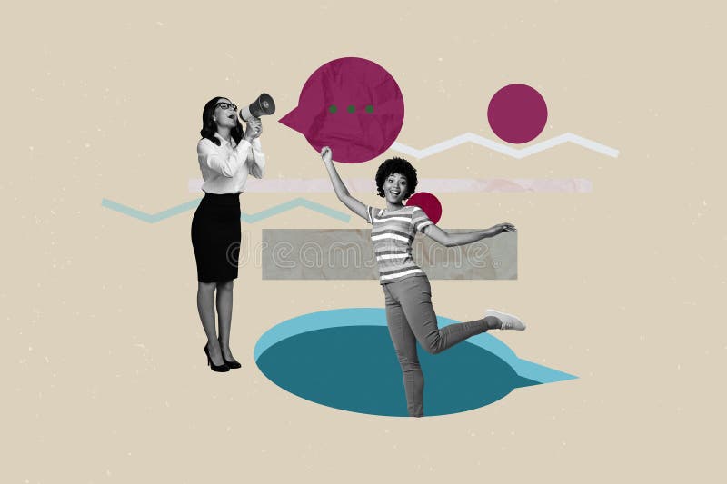 Creative Full Artwork Collage of Two Happy Girls Dance Jump Bubble ...