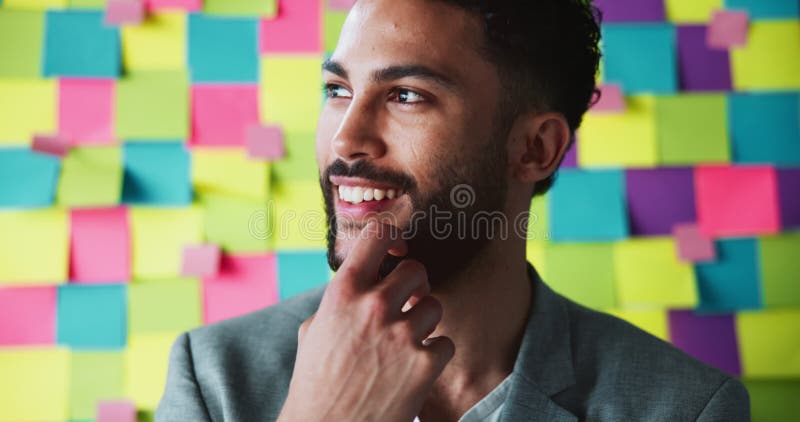 Creative, Future and Sticky Notes with Business Man in Studio for ...