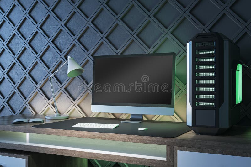 Creative Gamers Desktop with Empty Computer Monitor, Lamp and System ...