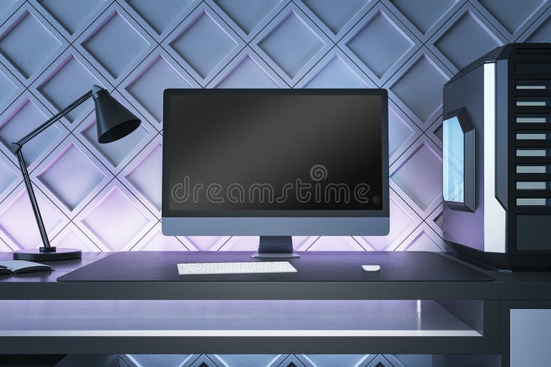 Creative Gamers Desktop with Empty Computer Screen, Lamp and System ...