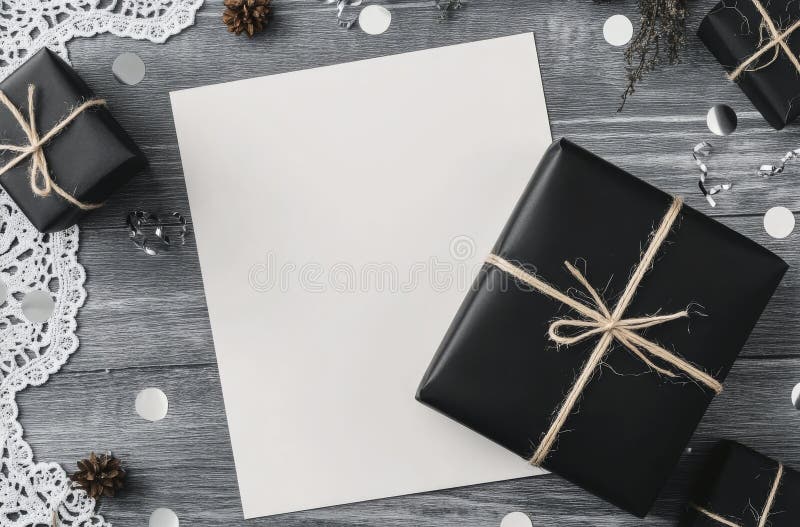 Creative Gift Wrapping Setup with Black Packages and a Blank Card on a ...