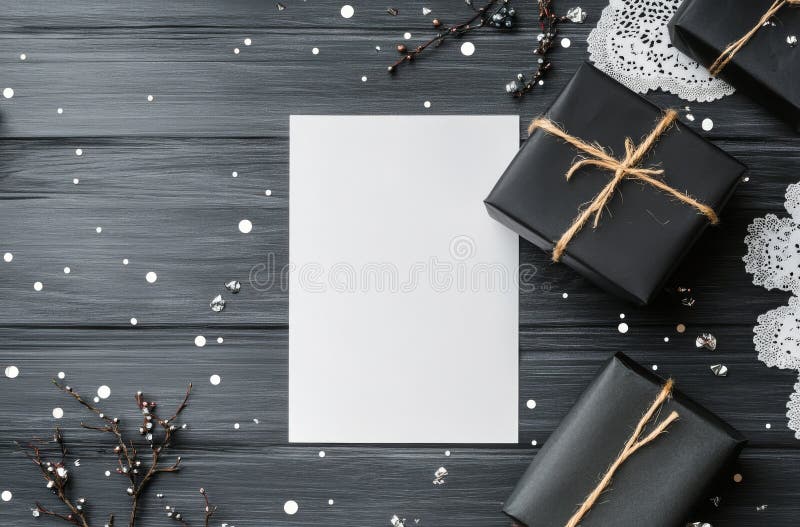 Creative Gift Wrapping Setup with Black Packages and a Blank Card on a ...