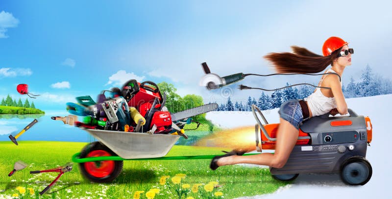 Creative Girl Rides a Heat Gun Stock Image - Image of riding, grass ...