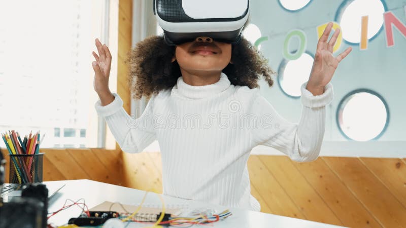 Girl Wearing VR Headset To Learning in Metaverse. Future Lifestyle ...